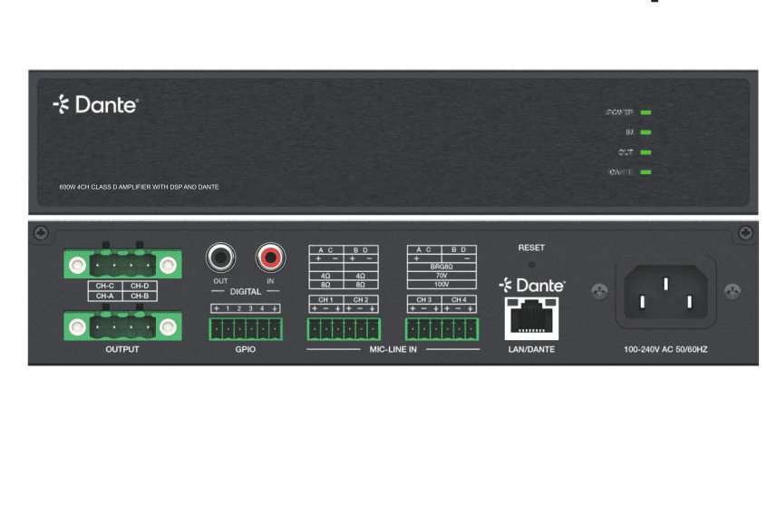 Audio amplifier,Audio Dante, Dante audio 4CH 600W 300W Calss D with DSP and Dante