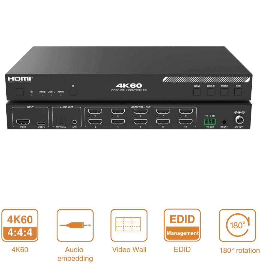HDMI 1x10 Video Wall Controller with USB-C 180° rotation